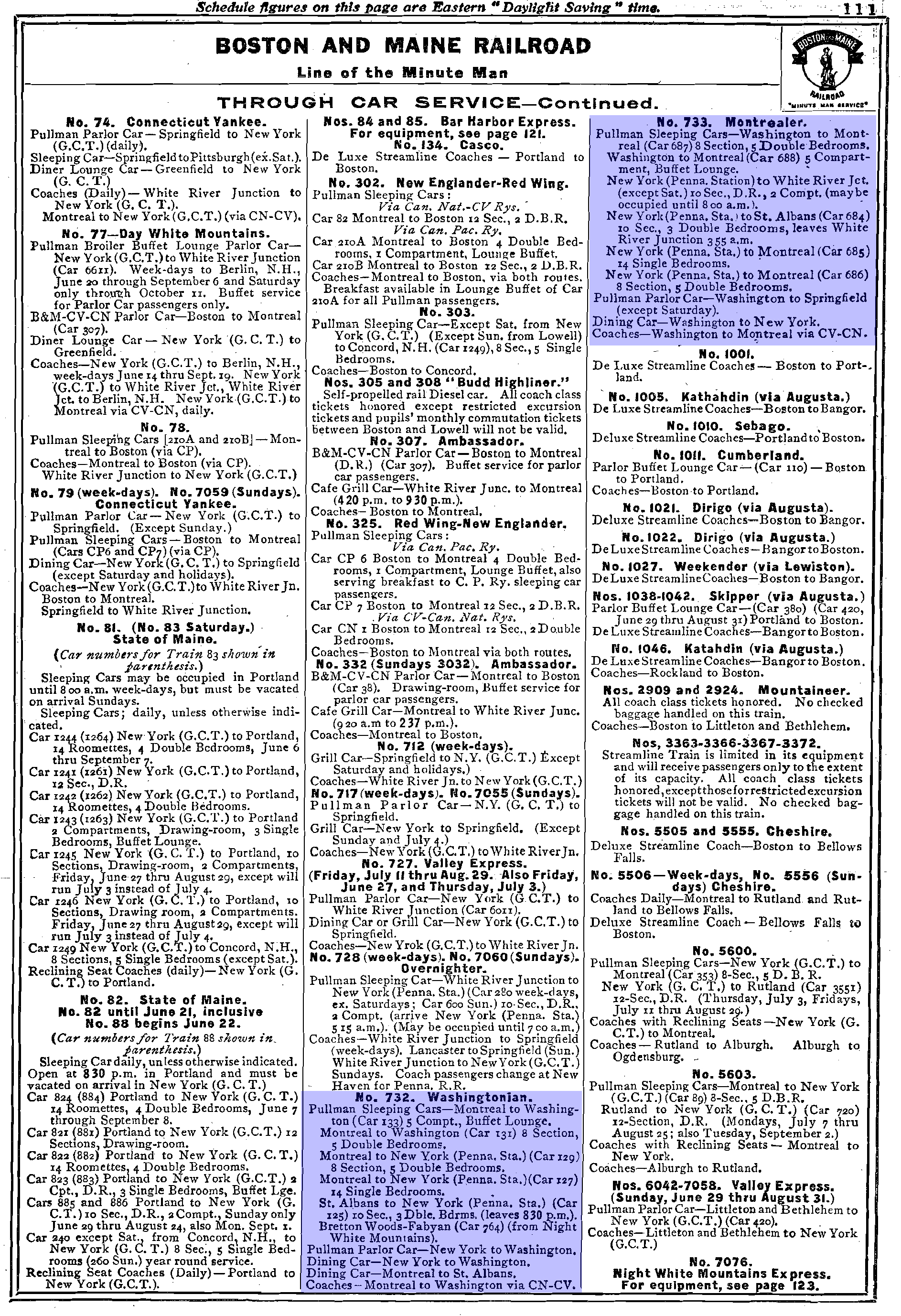 Montrealer/Washingtonian (Train): Timetable, Route, Consist